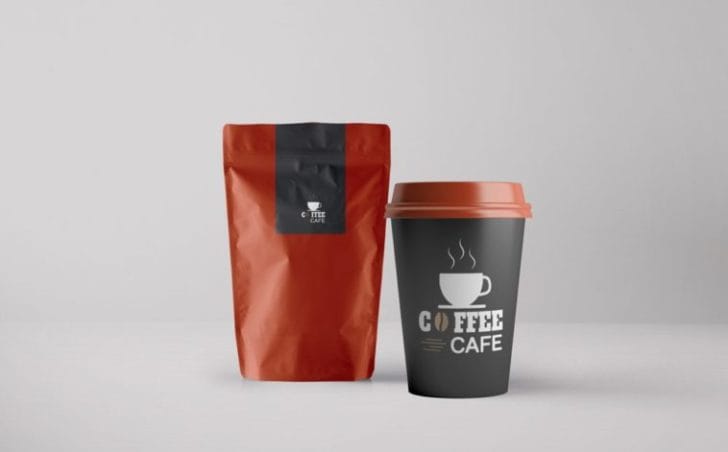 Coffee Package Pouch Bag + Paper Cup Mockup - PacageMockup