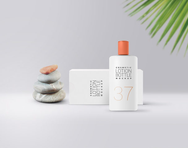 Cosmetic Lotion Bottle + Package Box Mockup - PacageMockup