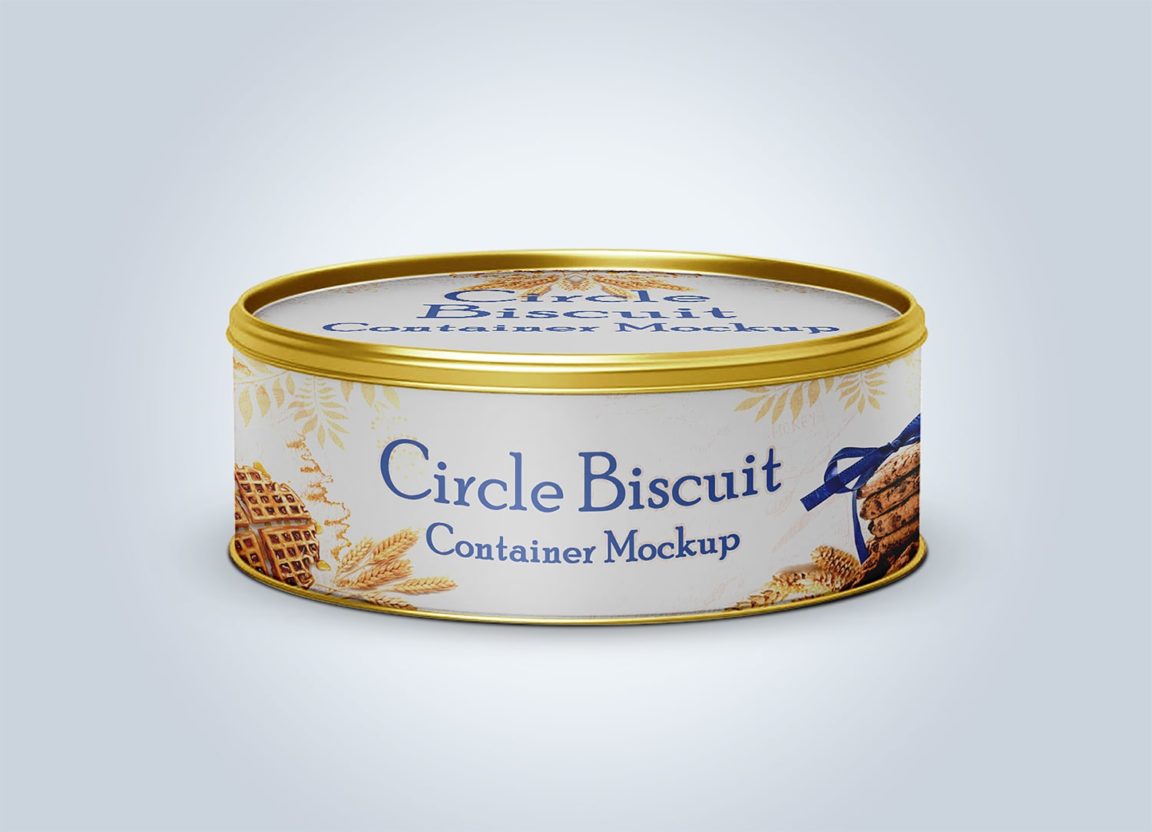Circle Biscuit and Cookies Tin Container Mockup - PacageMockup