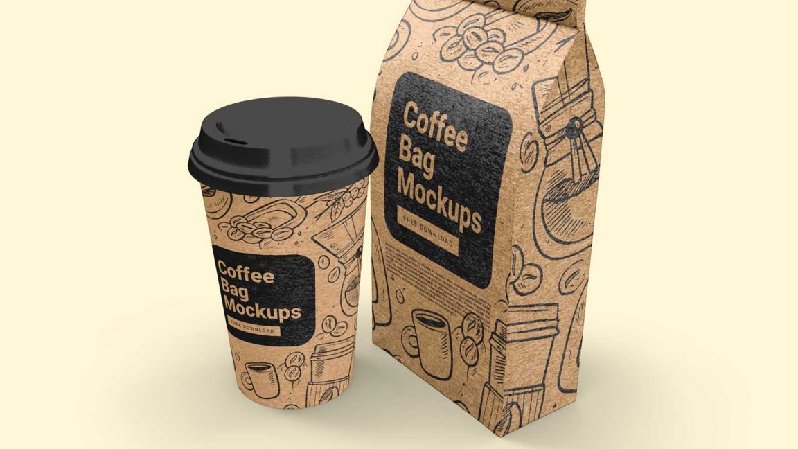 Free Paper Coffee Cup and Bag Packaging Mockup - Package Mockups