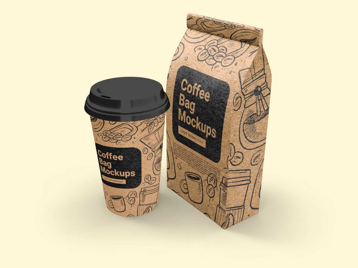 Free Kraft Paper Gusset Bag and Paper Cup Mockup Set - Packaging Mockup
