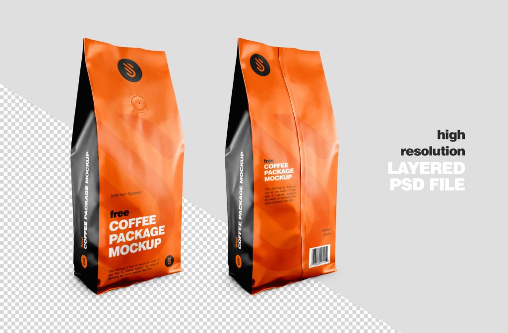 Free Coffee Bag Mockup - Half Side View Front Back Package Mockup