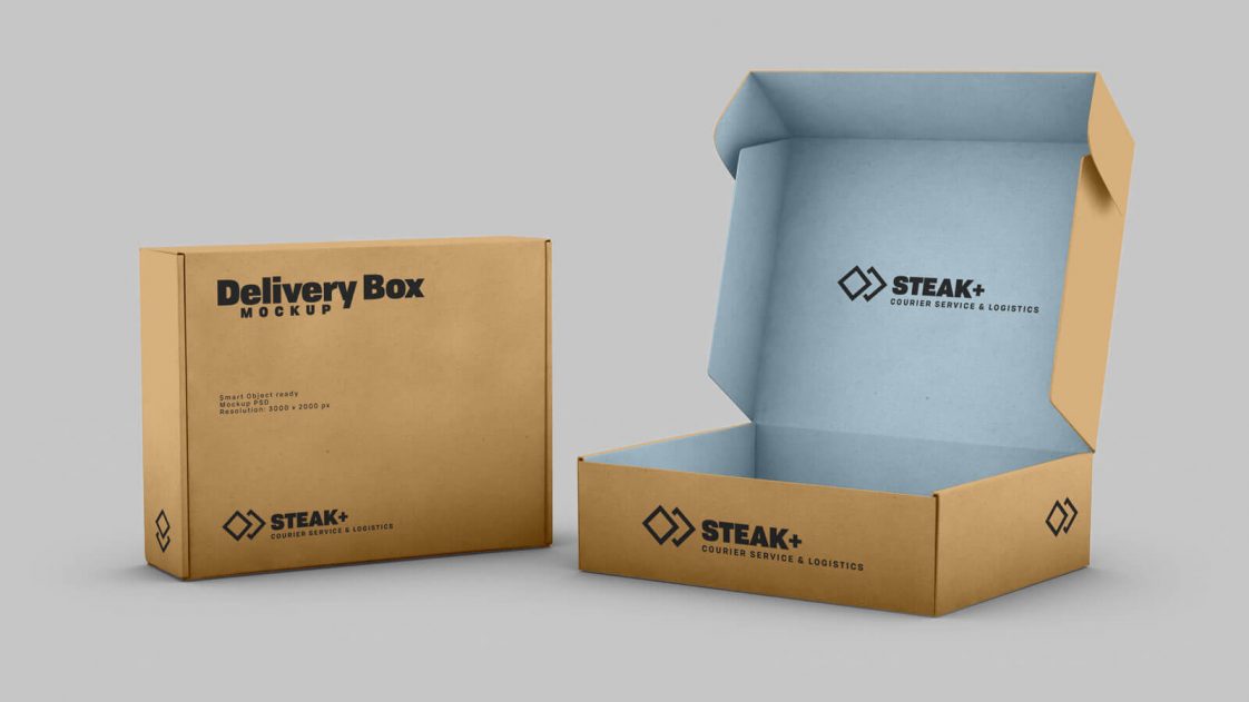 Free Brown Corrugated Mailer Box Label Mockup - Package Mockups