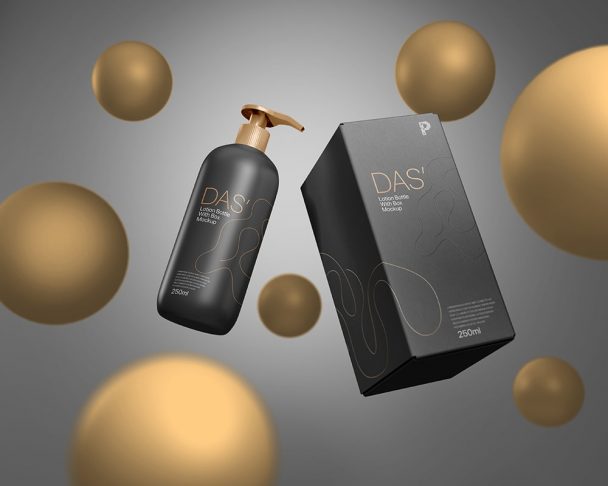 Free Lotion Bottle with Packaging Box Mockup - Free PacageMockup