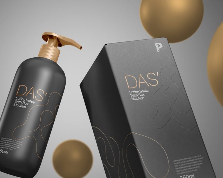 Free Lotion Bottle with Packaging Box Mockup - Free Package Mockup
