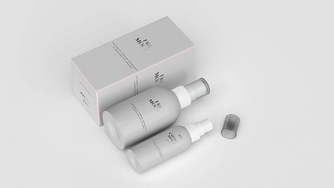 Free Mini Spray Bottle with Packaging Box Mockup - Free Package Mockups