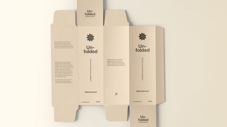 Free Unfolded Rectangle Packaging Box Mockup in Perspective view