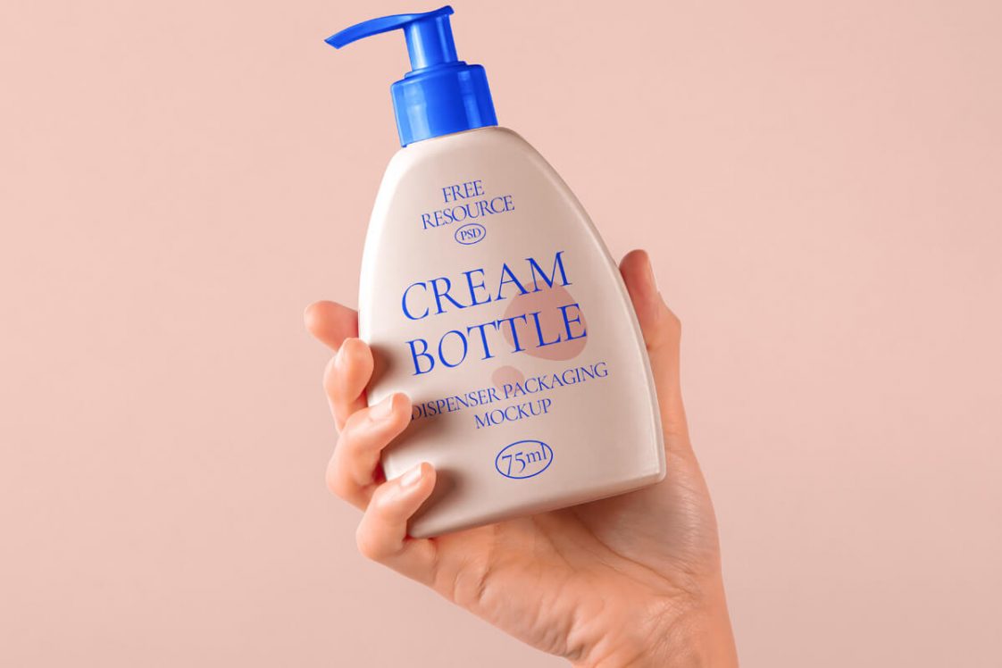Hand Holding Liquid Cream Pump Bottle Mockup - PacageMockup