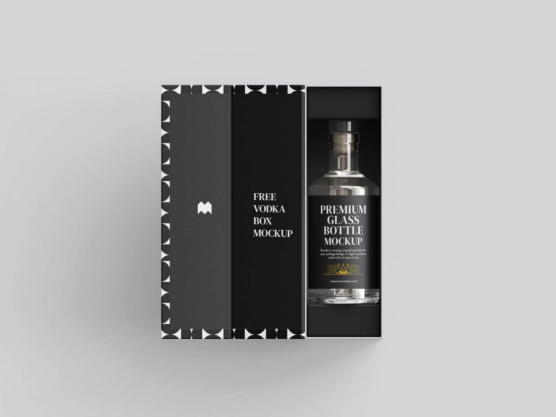 Free Vodka Bottle Branding and Packaging Box Mockup 5 set - PacageMockup