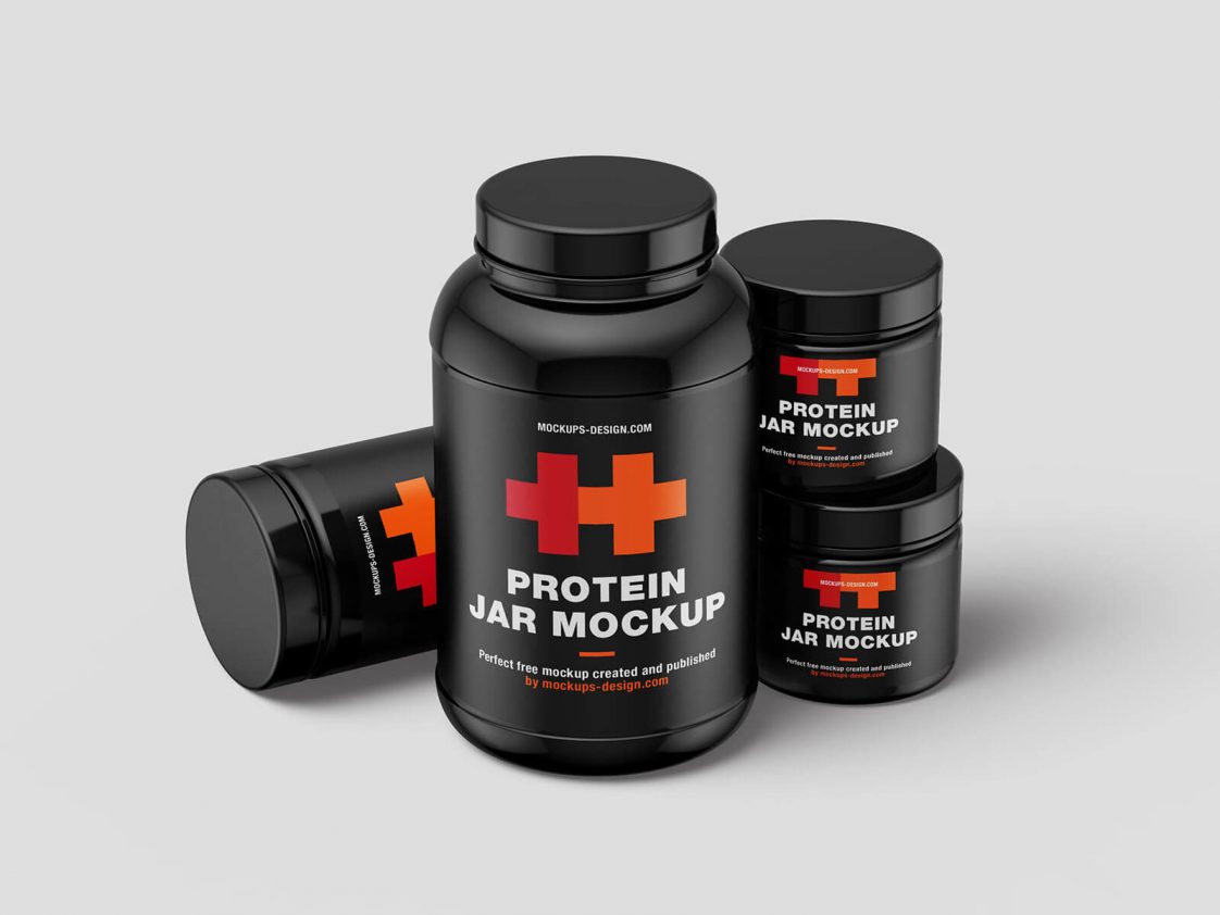 Free Protein Supplement Jars Mockup PSD Set (8 Files) - Package Mockups