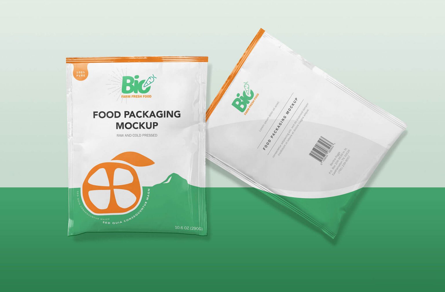Front View of Two Food Sachet Packet Packaging Mockup - Free Package Mockup