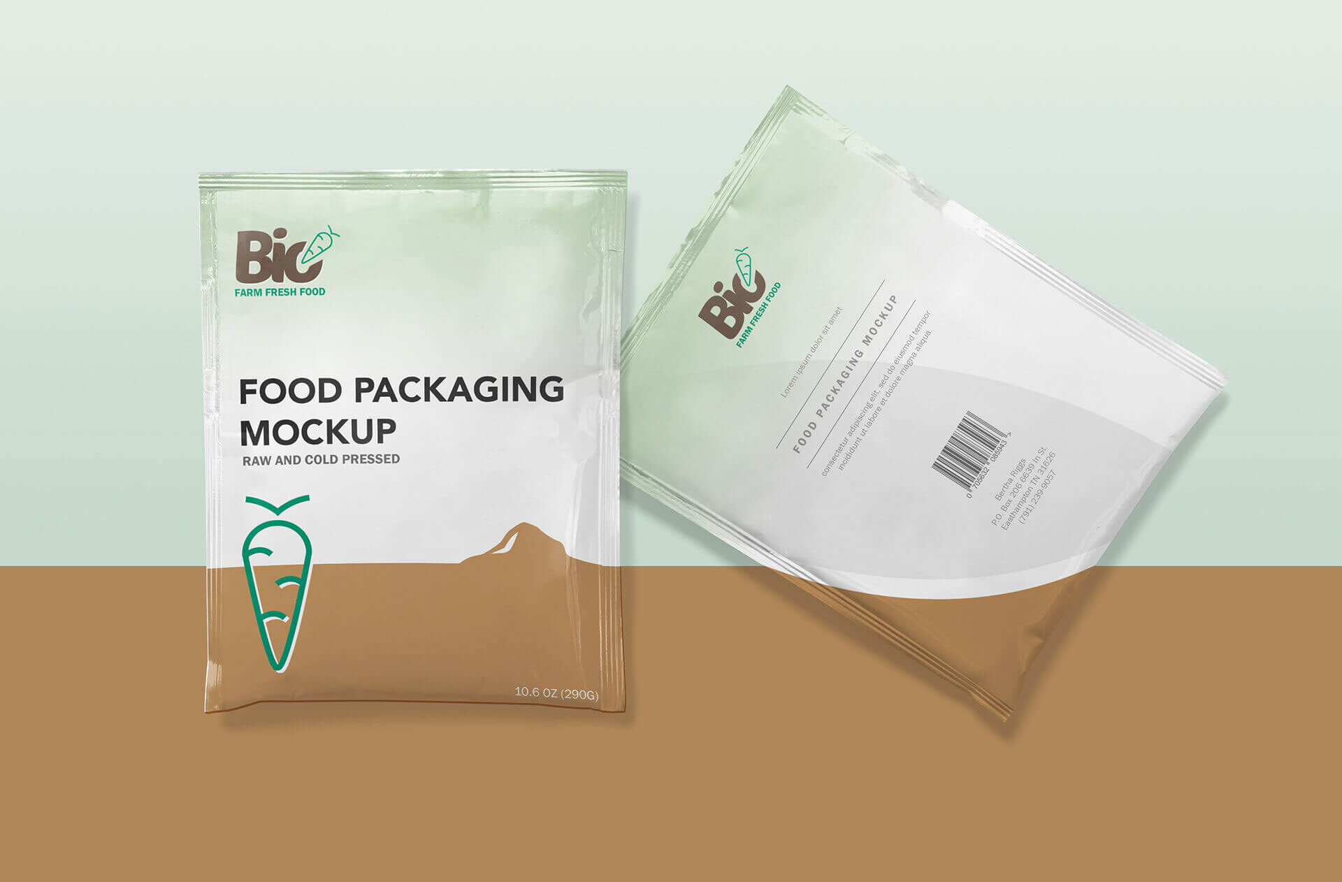 Front View of Two Food Sachet Packet Packaging Mockup - Free Package Mockup