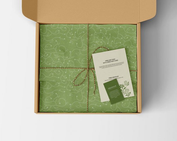 Free Gift Box with Greeting Card Mockup Packaging - Package Mockup