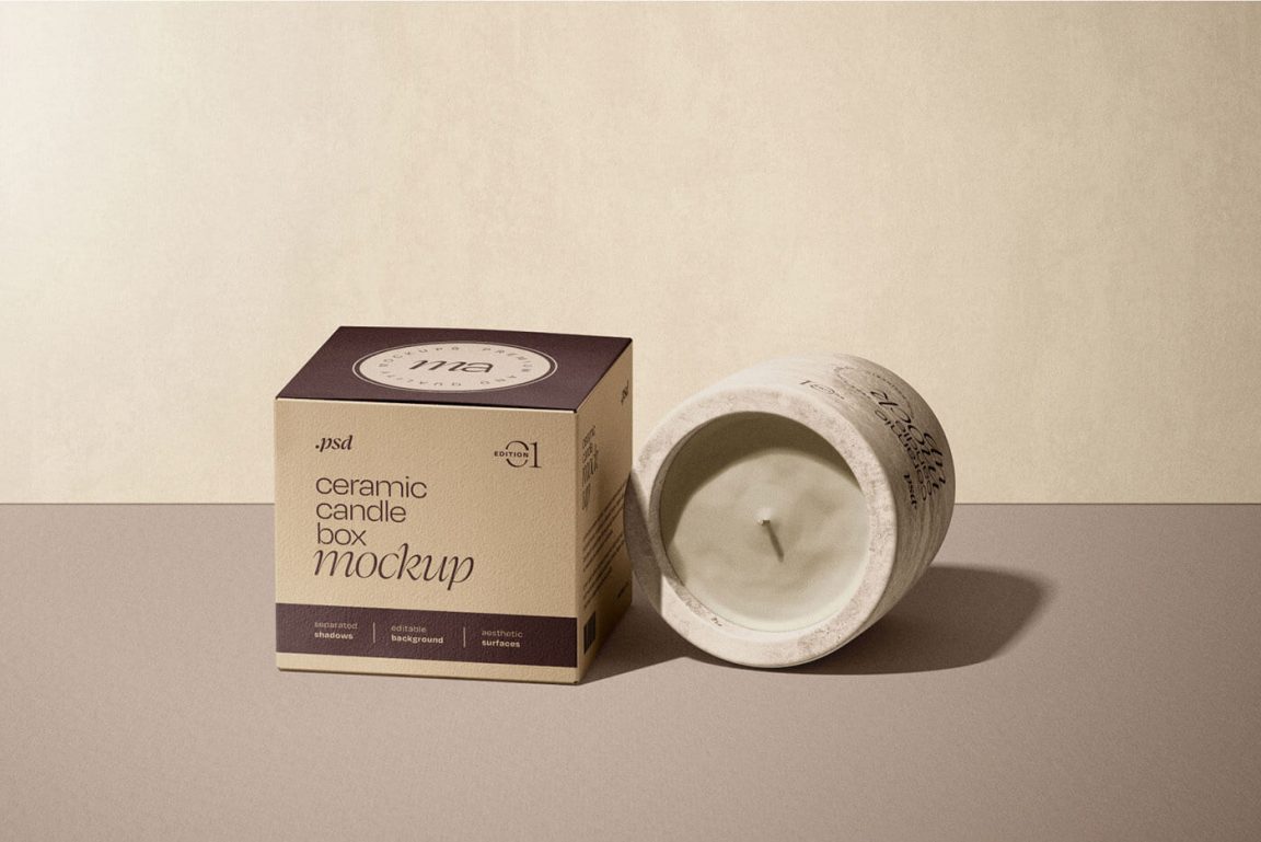 1 Free Ceramic Candle with Packaging Box Mockup - Free Package Mockup