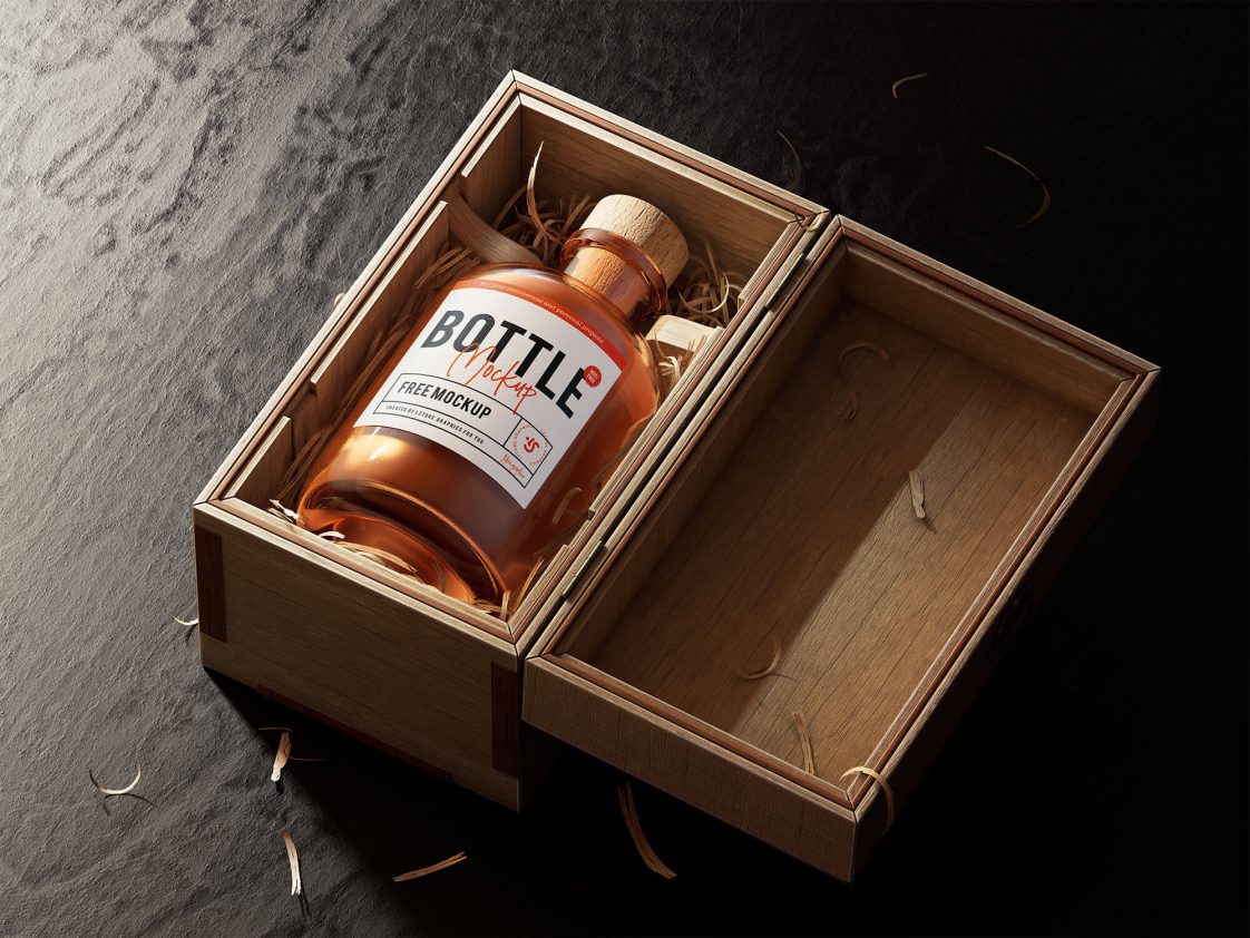 Free Branding Unique Gin Bottle Mockup Inside an Opened Wooden Box ...