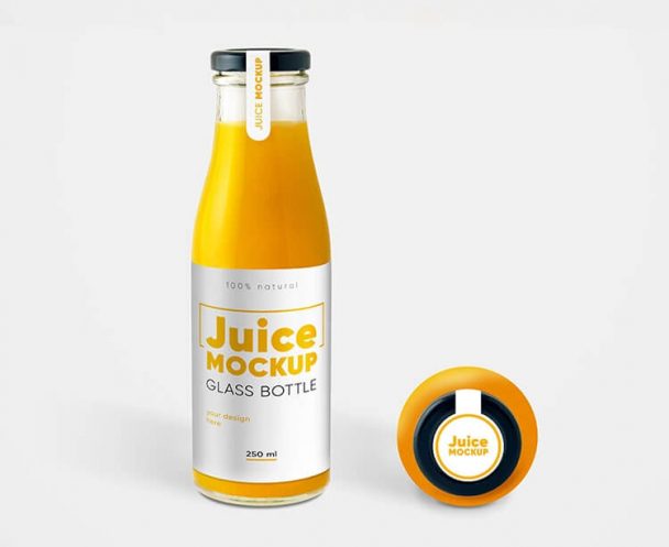 2 Mockups of Glass Juice Bottles in Different Angles - PacageMockup