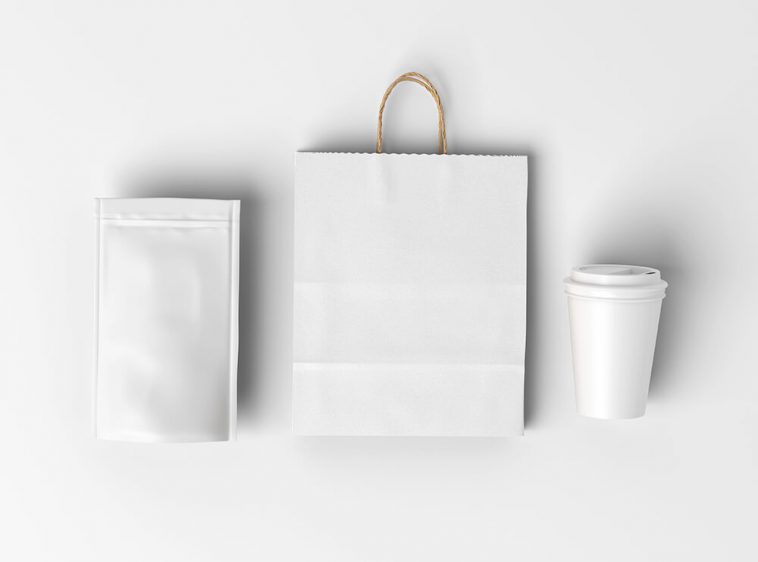 Free Coffee Pouch, Paper Carry Bag and Coffee Cup Mockup Branding Scene