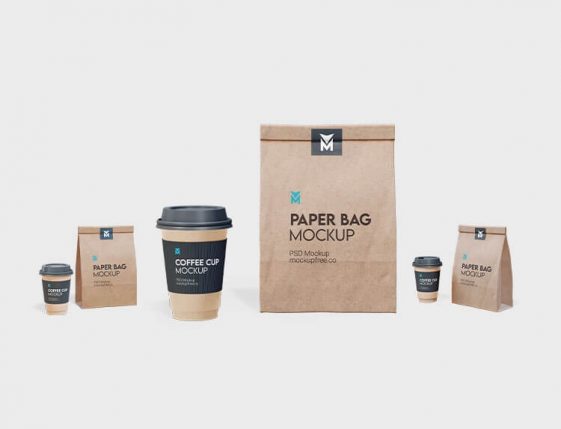 Free Kraft Paper Coffee Cup and Carry Bag Mockups set - Package Mockup