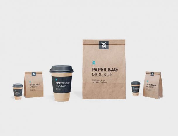 Free Kraft Paper Coffee Cup and Carry Bag Mockups set - Package Mockup