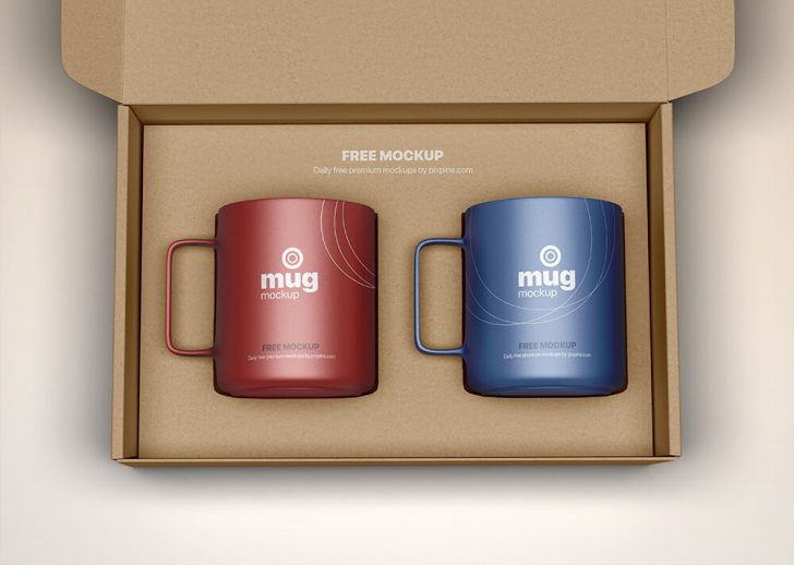 Free Mug with Carboard Packaging Box Mockup - Free Package Mockup
