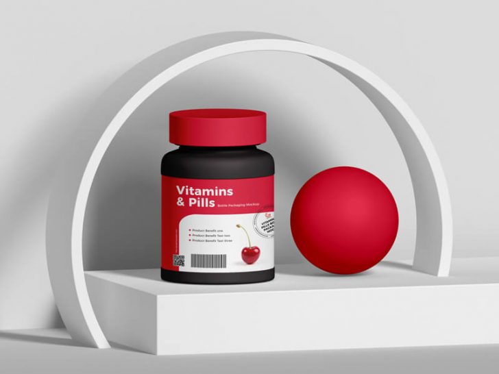 Vitamins and Pills Bottle Mockup on Podium - Free Packaging Mockup