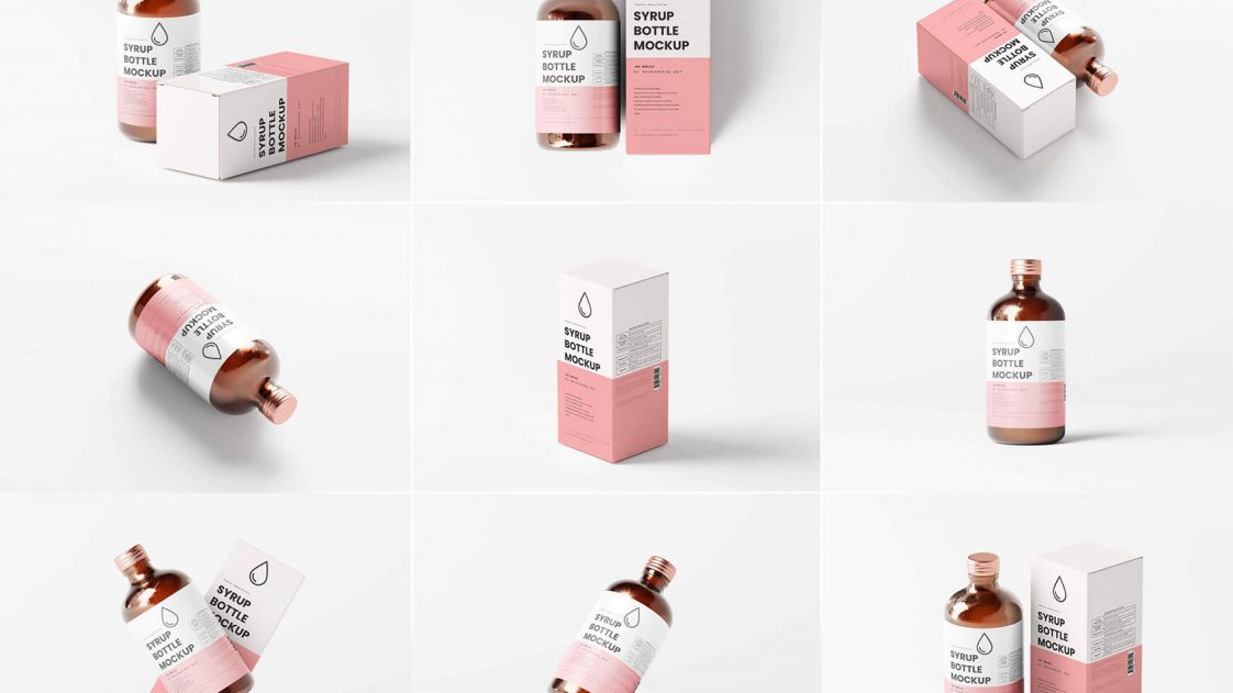 Free Syrup Amber Bottle + Package Box Mockup - Free Package Mockups