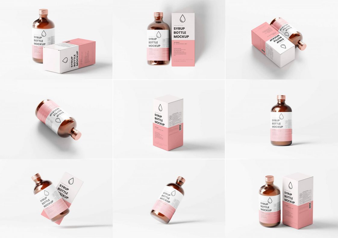 12 Free Syrup Bottle and Packaging Box Mockups set - PacageMockup