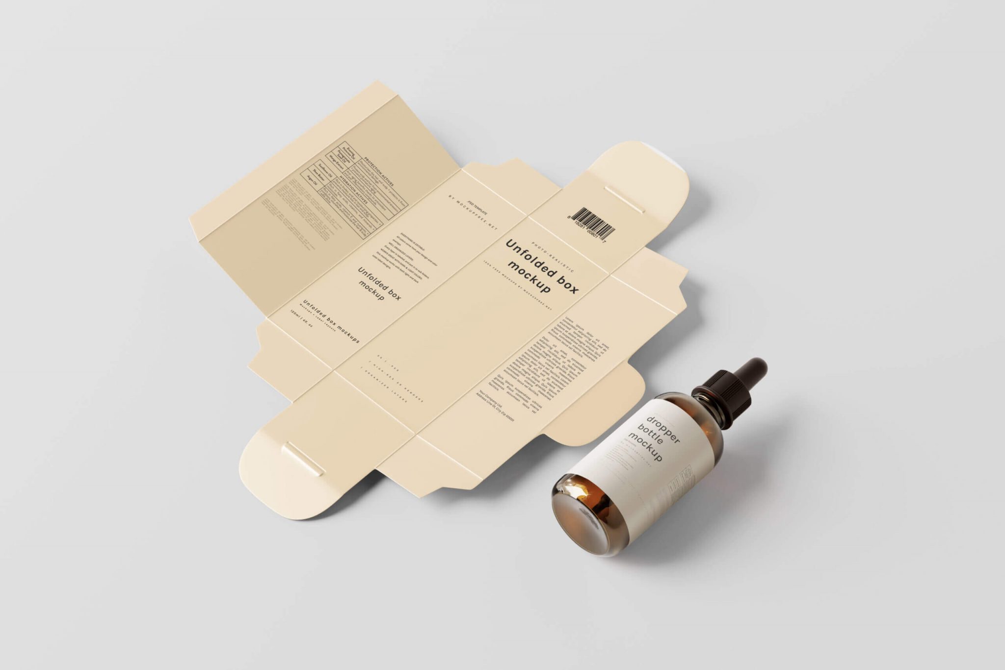 8 Free Amber Glass Dropper Bottle With Unfolded Packaging Box Mockup ...