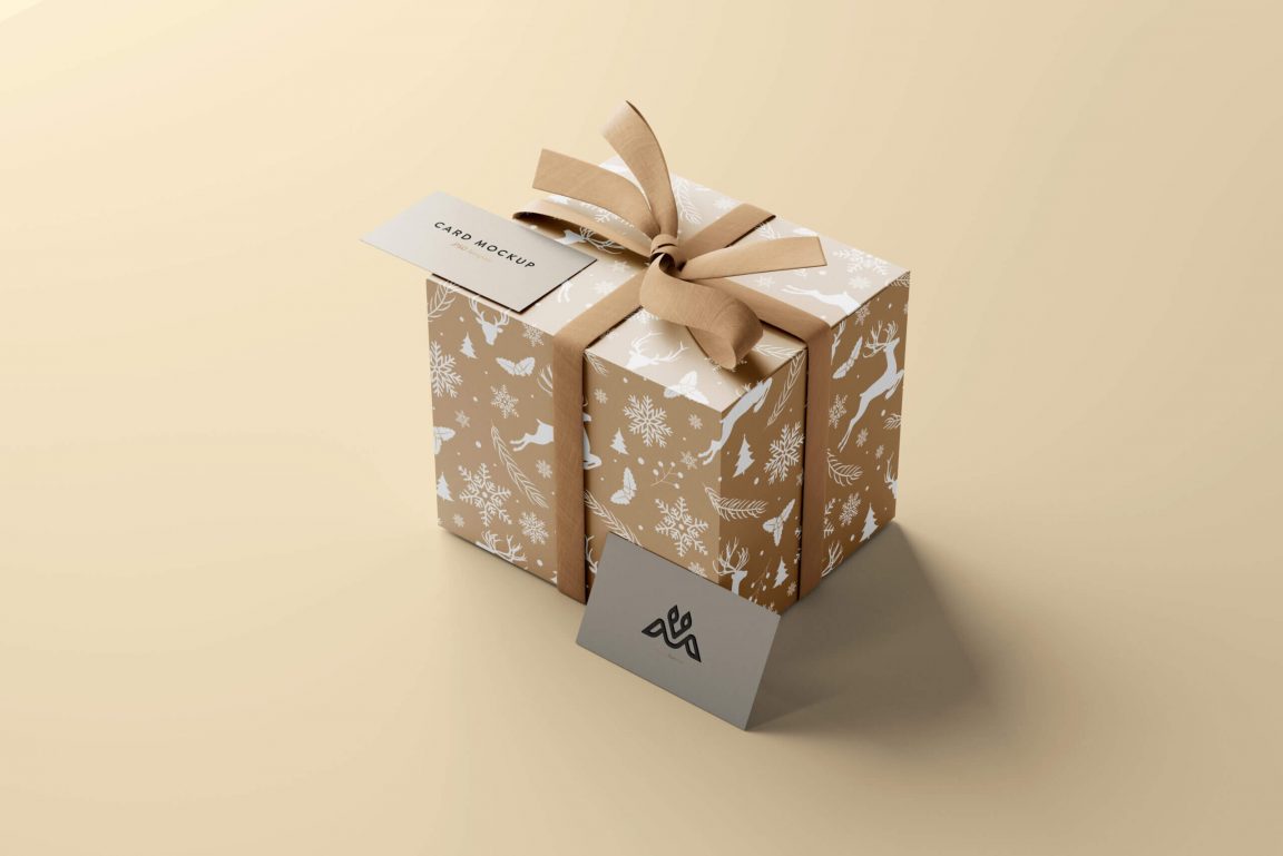 5 Free Riboon Wrapped Square Gift Box Mockup sets - Packaging Mockup