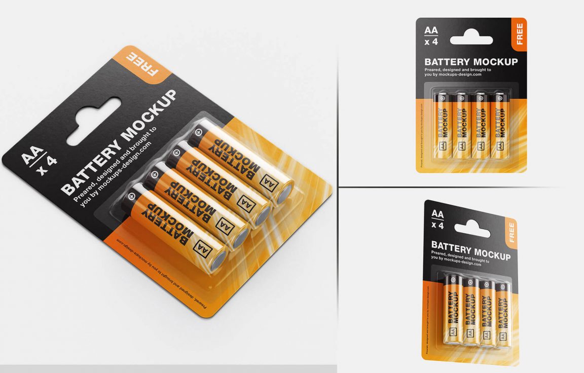 3 Free AA Alkaline Blister Pack Battery Mockup set - Free Packaging Mockup