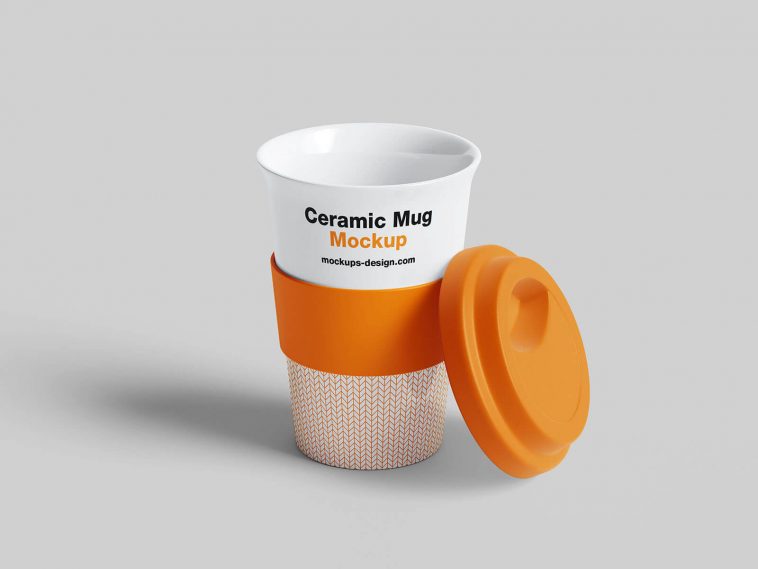 5 Free Reusable Ceramic Coffee Mug with Cap Mockups set - PacageMockup