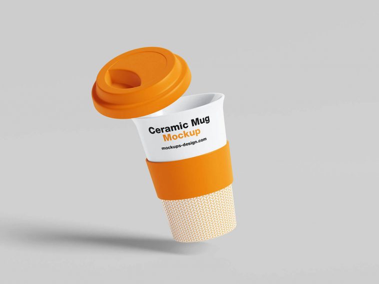 5 Free Reusable Ceramic Coffee Mug with Cap Mockups set - PacageMockup