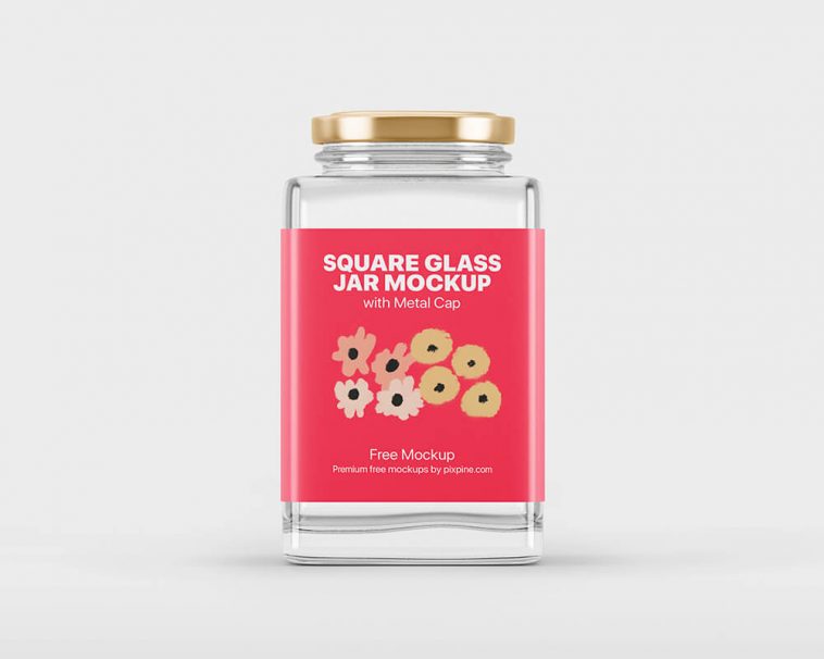 Free Square Glass Jar Mockup with Metal Cap - PacageMockup