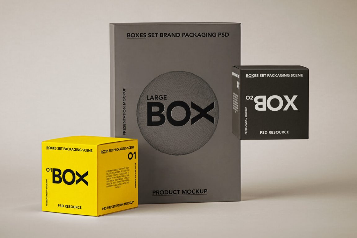 3 Different Size Packaging Branding Boxes Mockup - PacageMockup