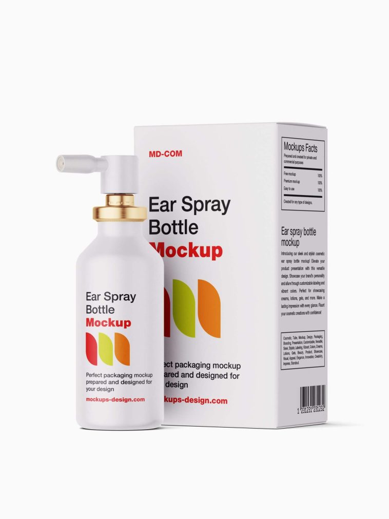 4 Free Ear Spray Bottle Mockup and Packaging Box Mockups Set - PacageMockup