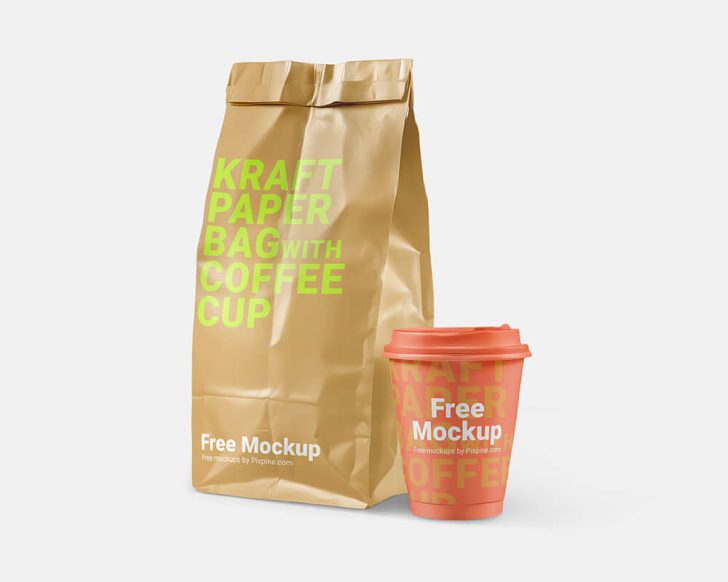 Free Kraft Paper Pouch Bag Mockup with Coffee Cup Mockup